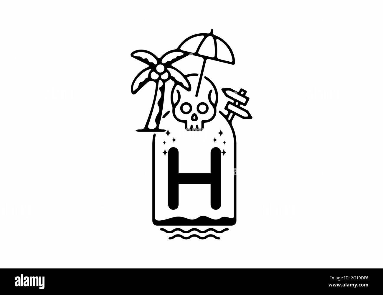 Black line art illustration of skull beach with H initial letter design ...