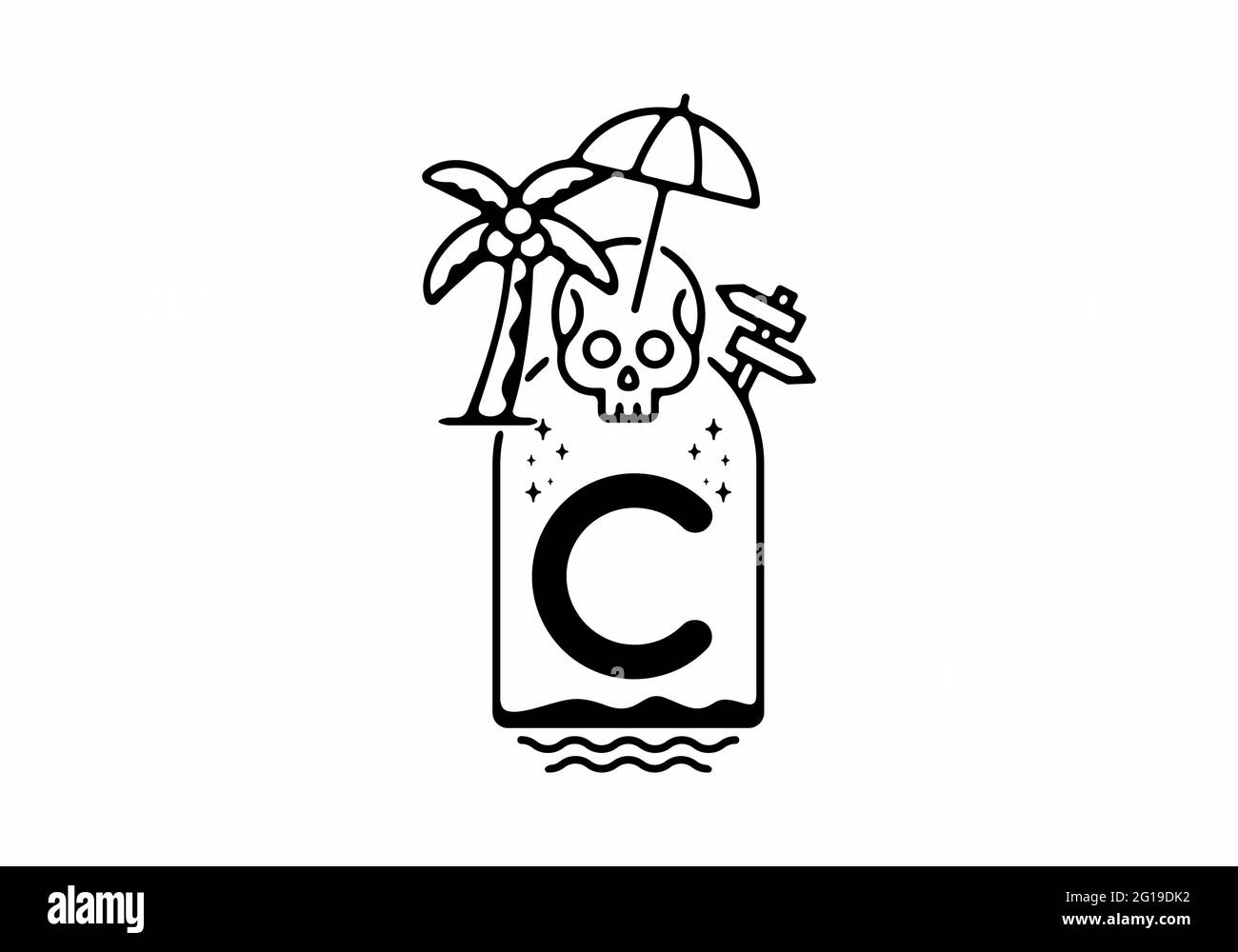 Black line art illustration of skull beach with C initial letter design ...