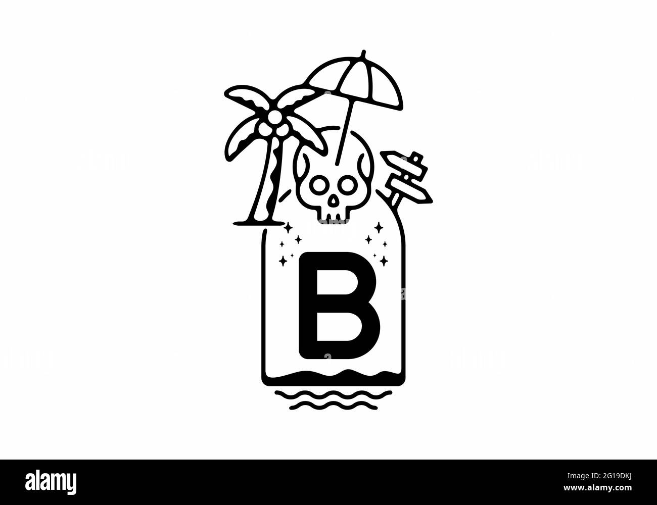 Black line art illustration of skull beach with B initial letter design ...