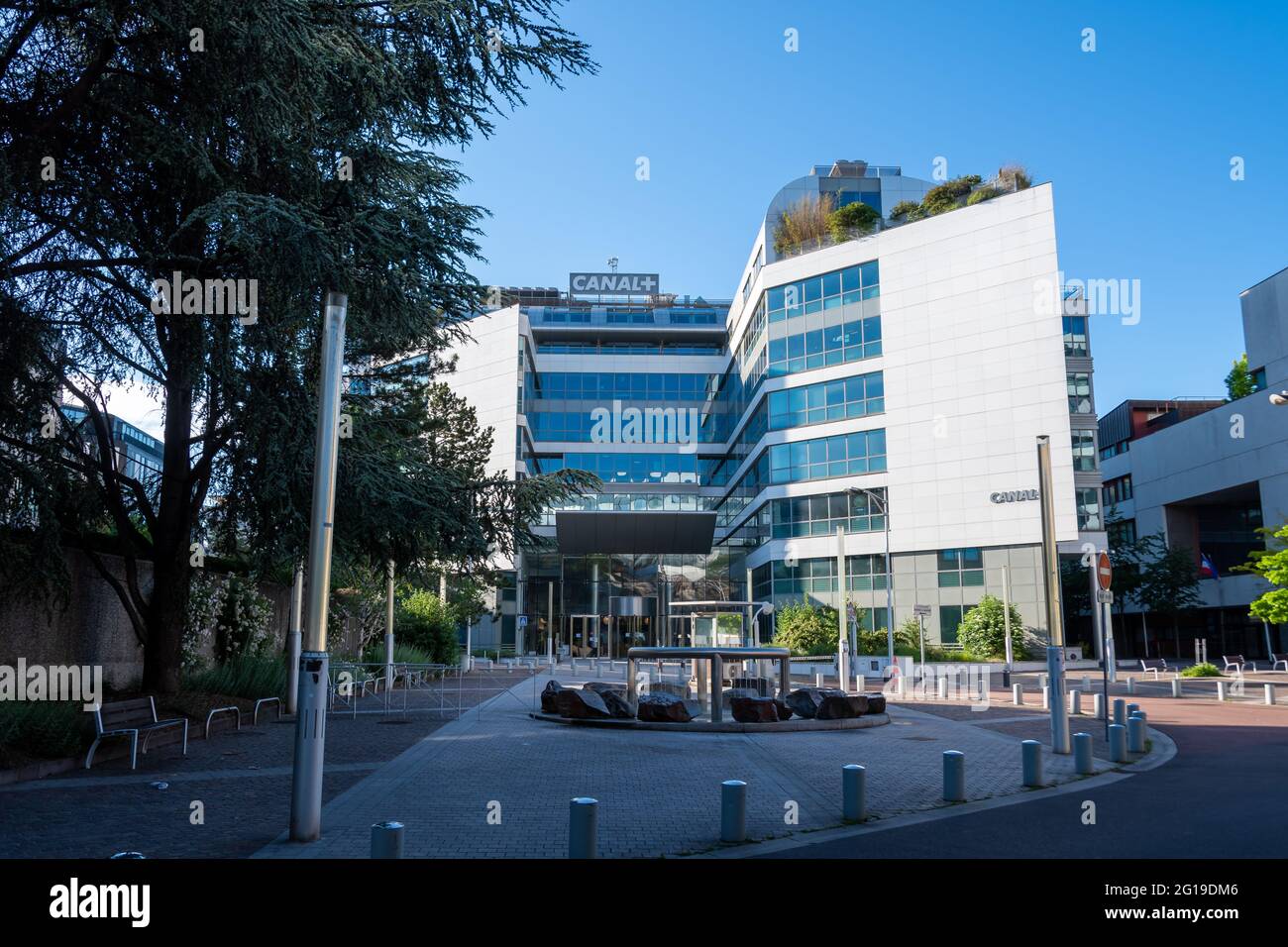 Exterior view of the Canal+ building. Canal+ is a private French ...