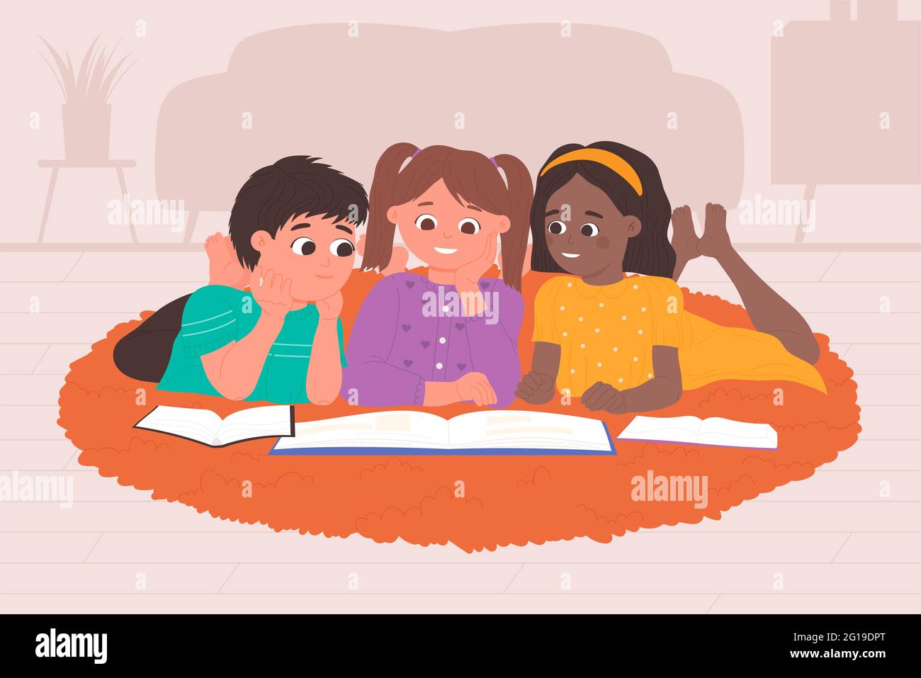 Kids Reading Together Cartoon