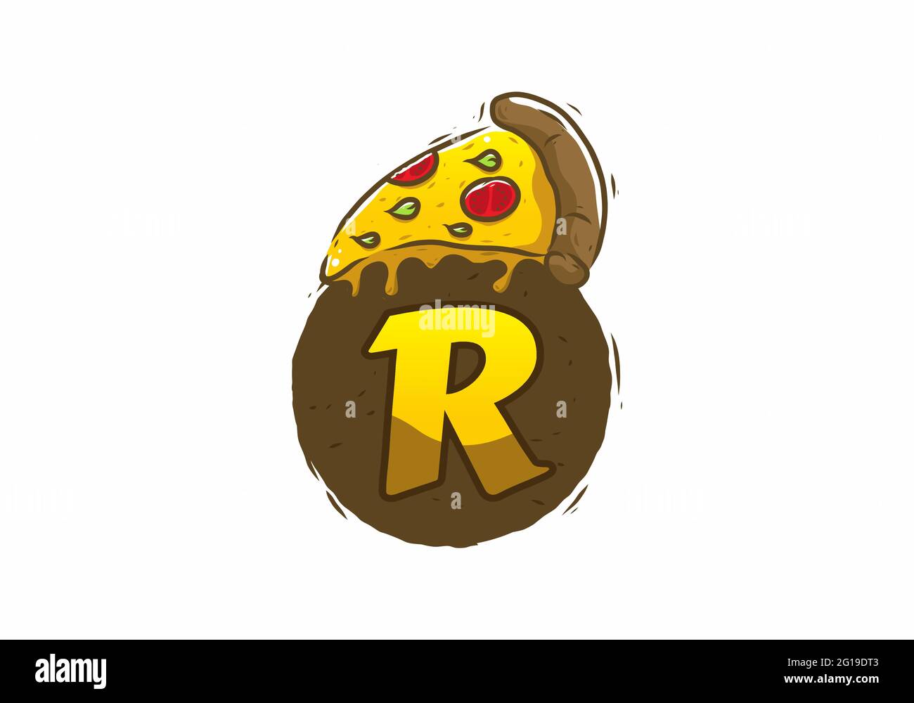 Yellow brown pizza slice with R initial letter design Stock Vector ...