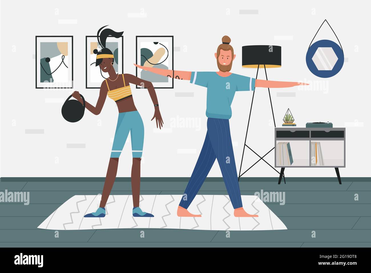 Couple people do physical sport exercises together vector illustration ...