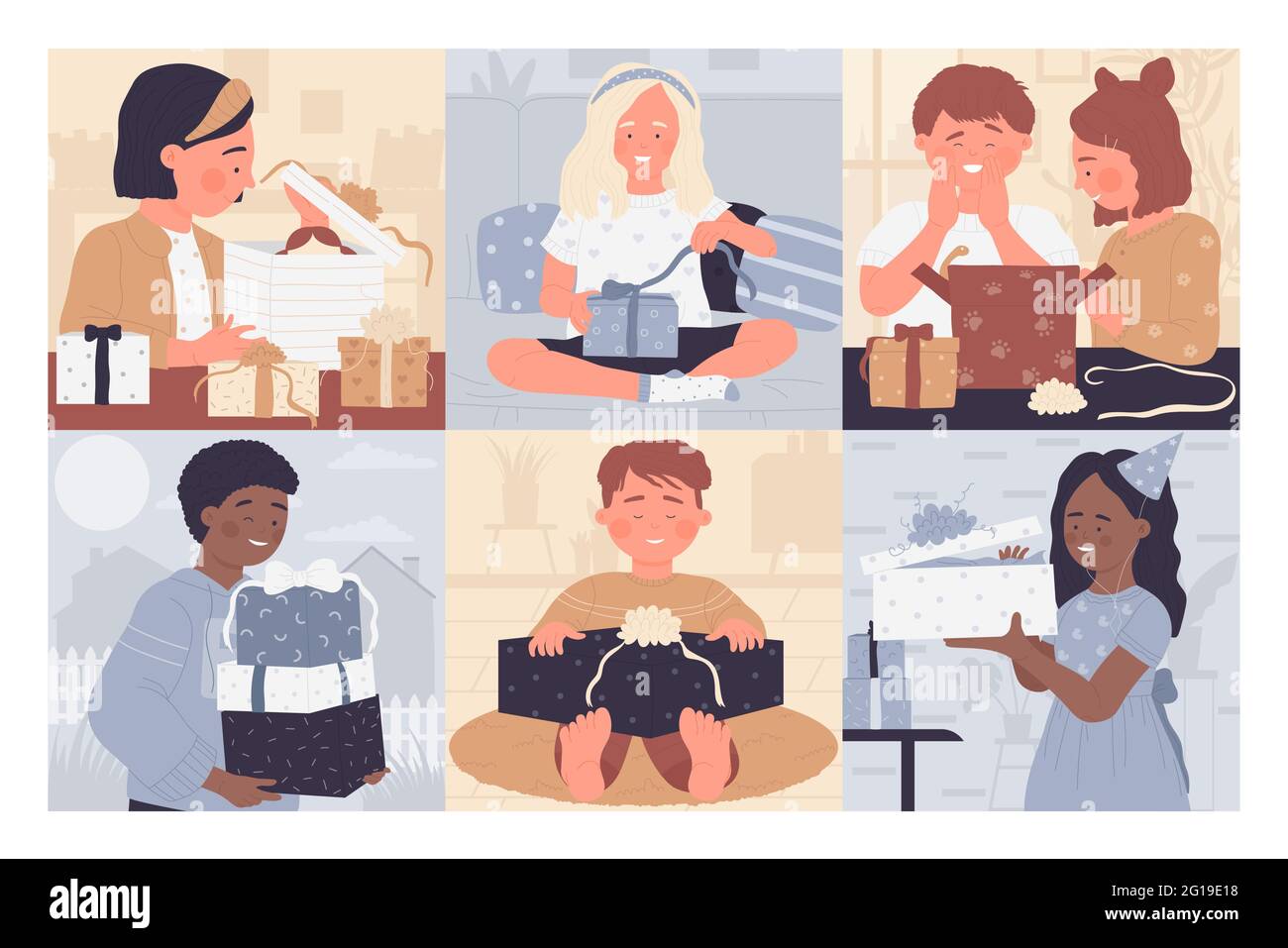 Kids open and happy to find surprise gifts vector illustration set ...