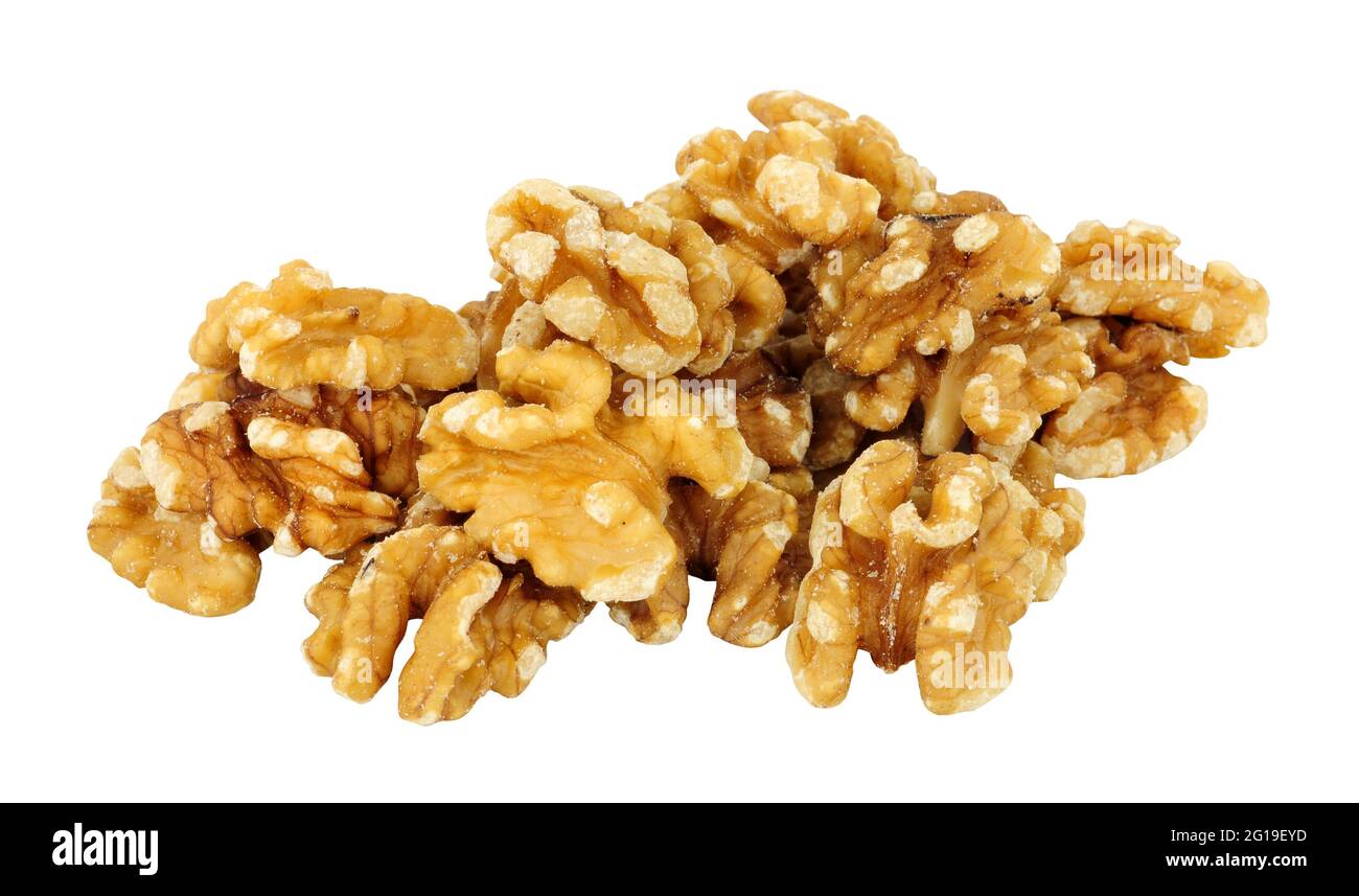 Group of shelled walnut halves isolated on a white background Stock ...