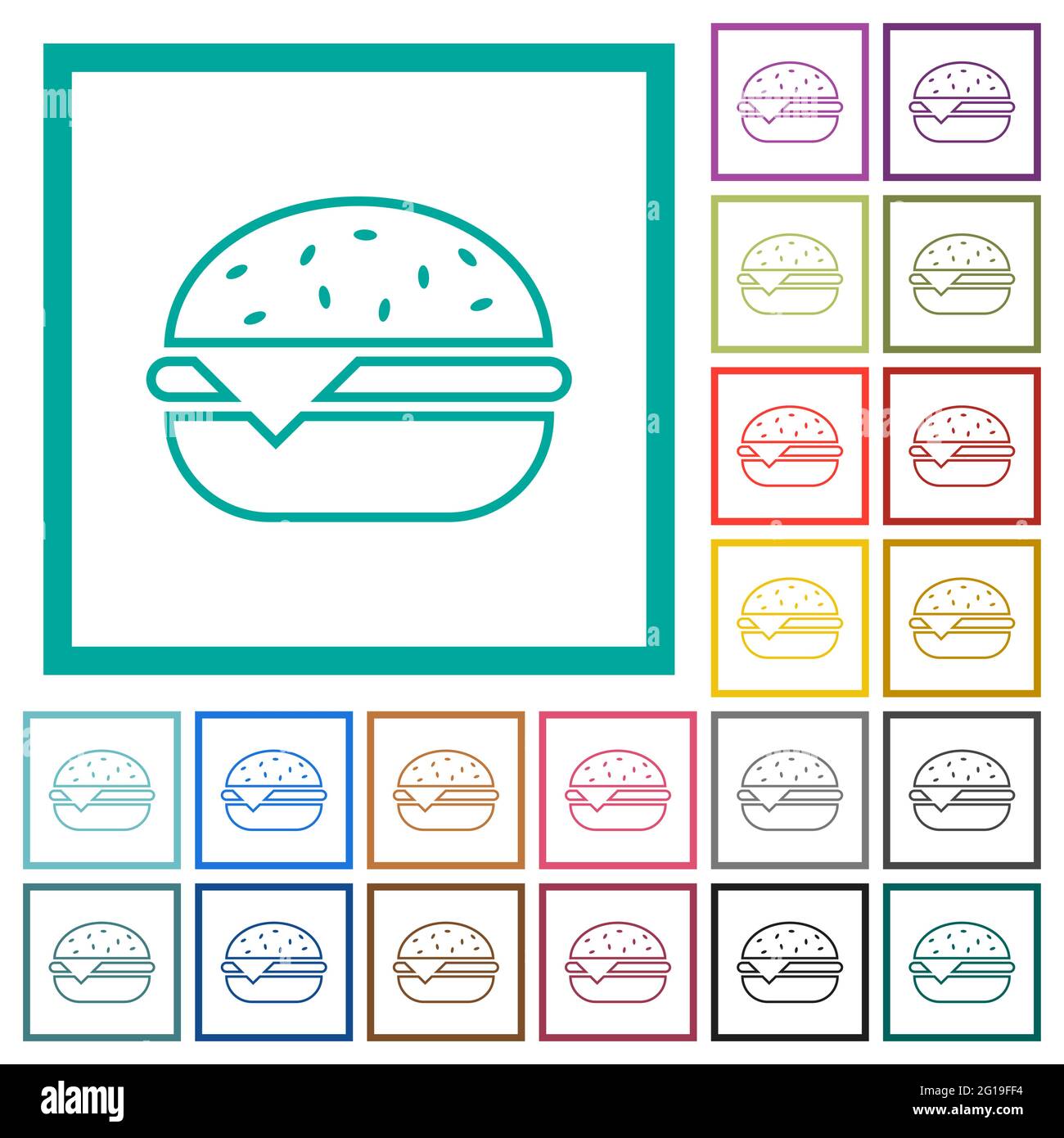 Single cheeseburger flat color icons with quadrant frames on white ...
