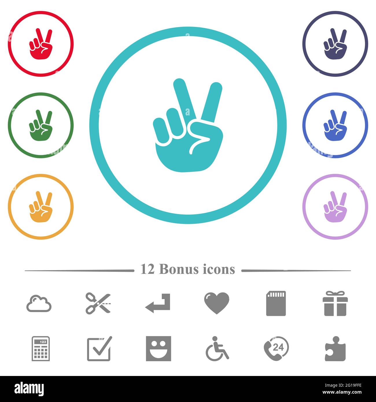 Victory sign hand gesture flat color icons in circle shape outlines. 12 ...