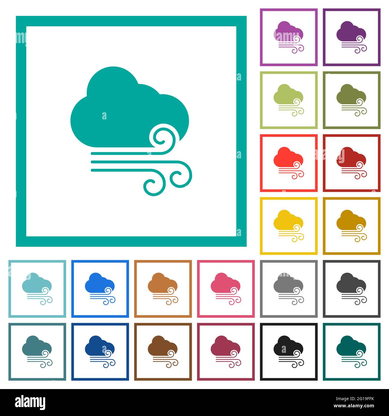 Windy weather flat color icons with quadrant frames on white background ...