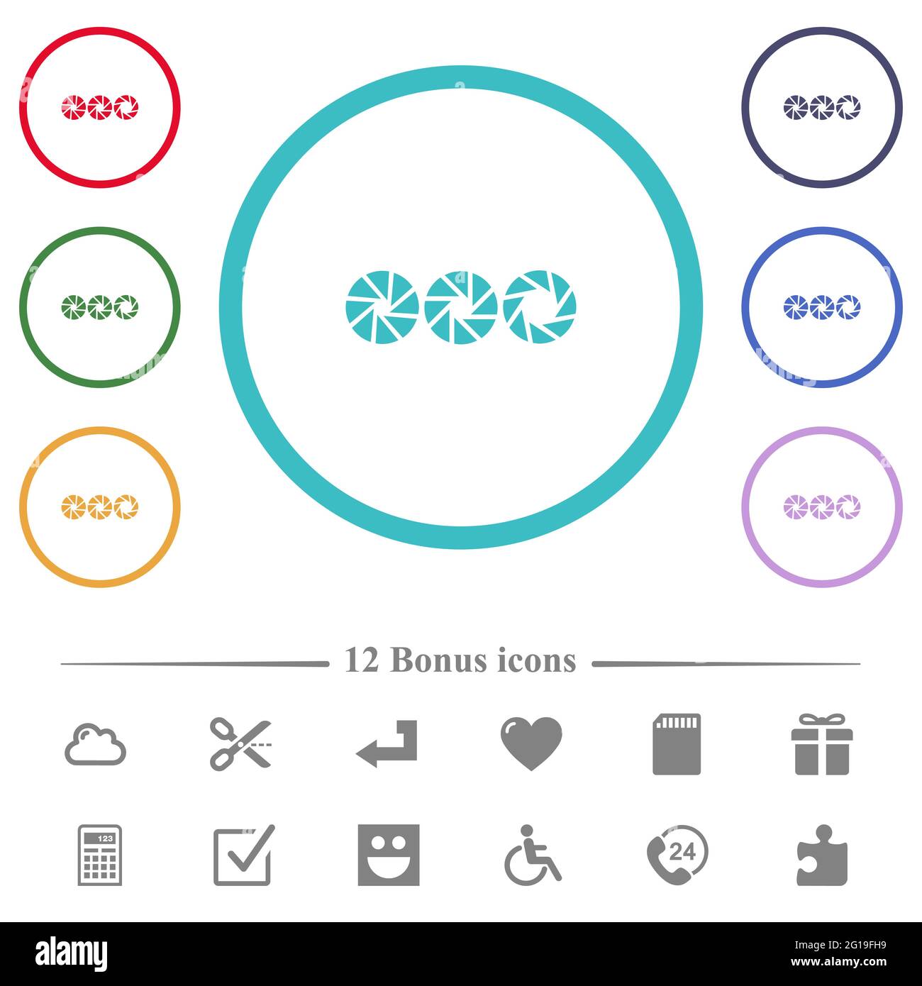Set aperture size flat color icons in circle shape outlines. 12 bonus ...