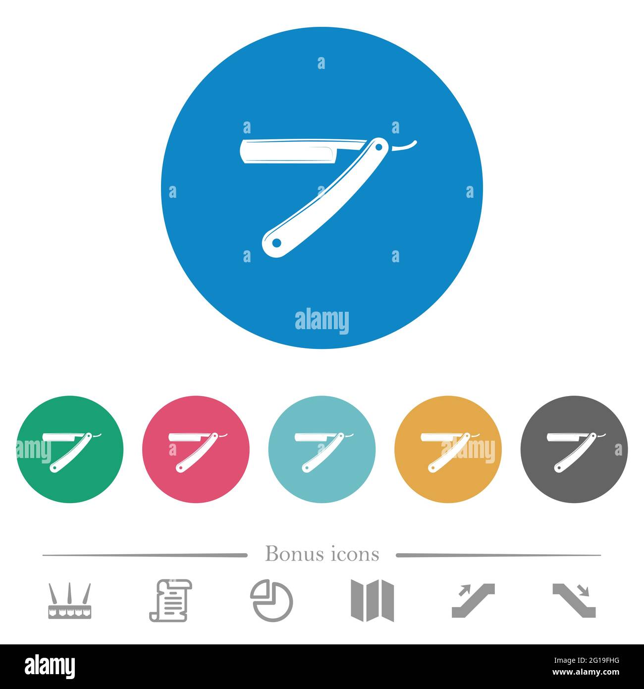Straight razor flat white icons on round color backgrounds. 6 bonus ...