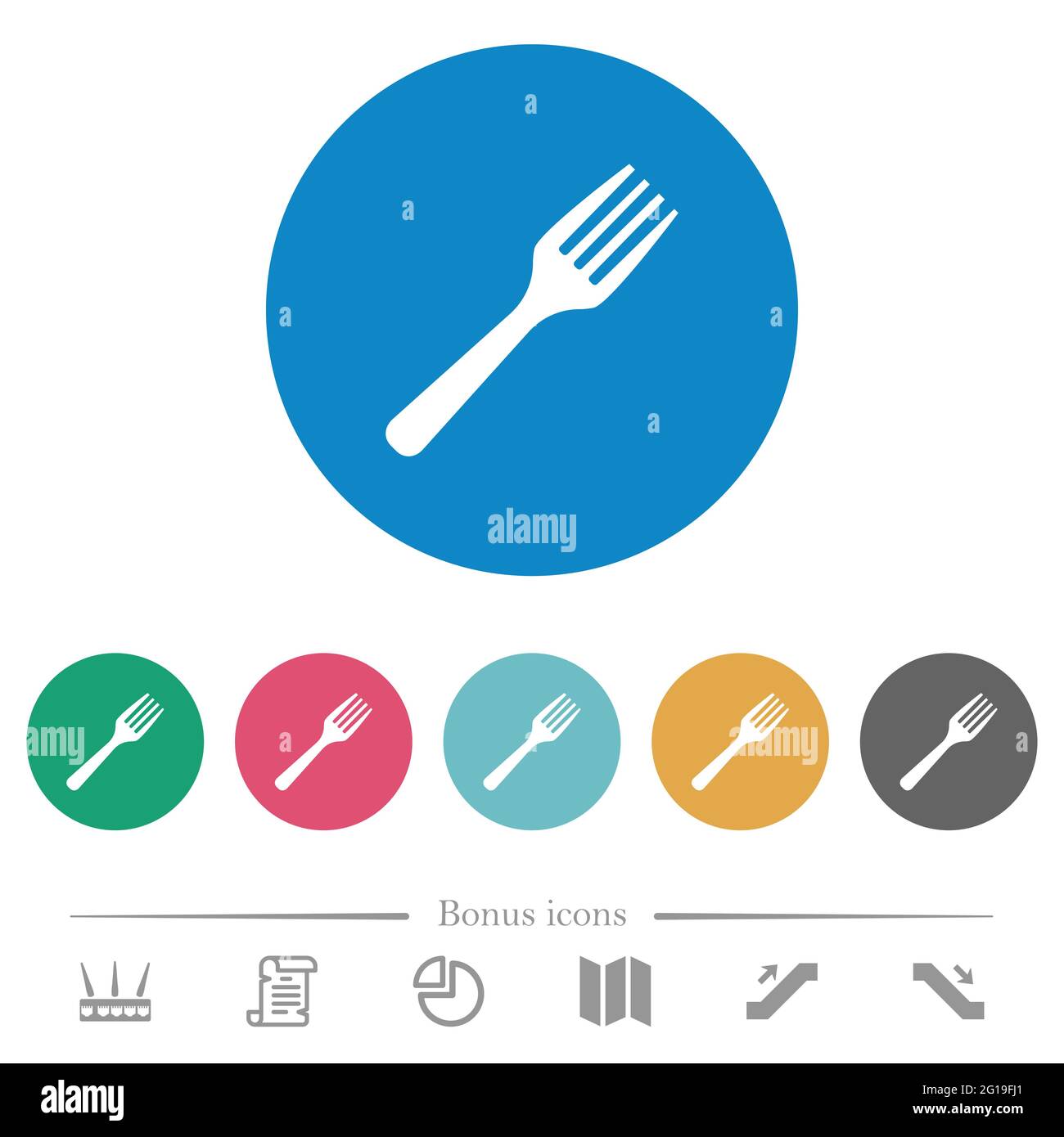 Single fork flat white icons on round color backgrounds. 6 bonus icons ...