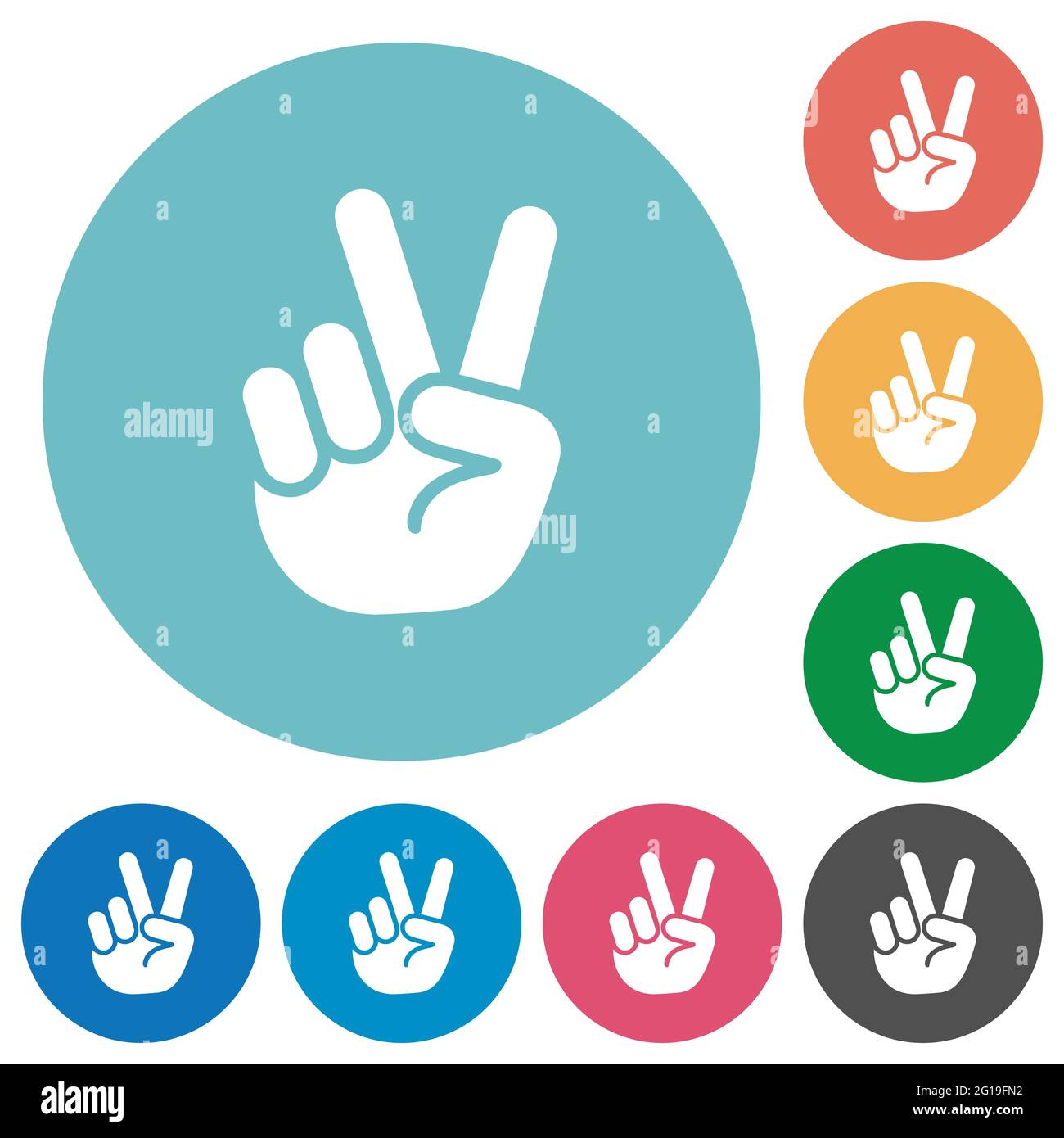 Victory sign hand gesture flat white icons on round color backgrounds ...