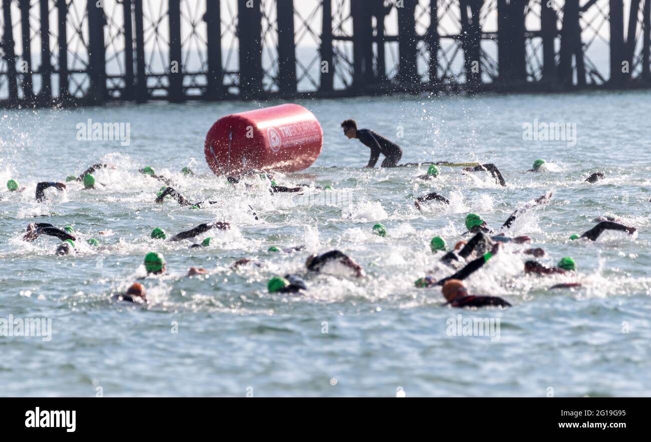 Eastbourne, UK. 6th June, 2021. Triathletes taking part in Tribourne ...
