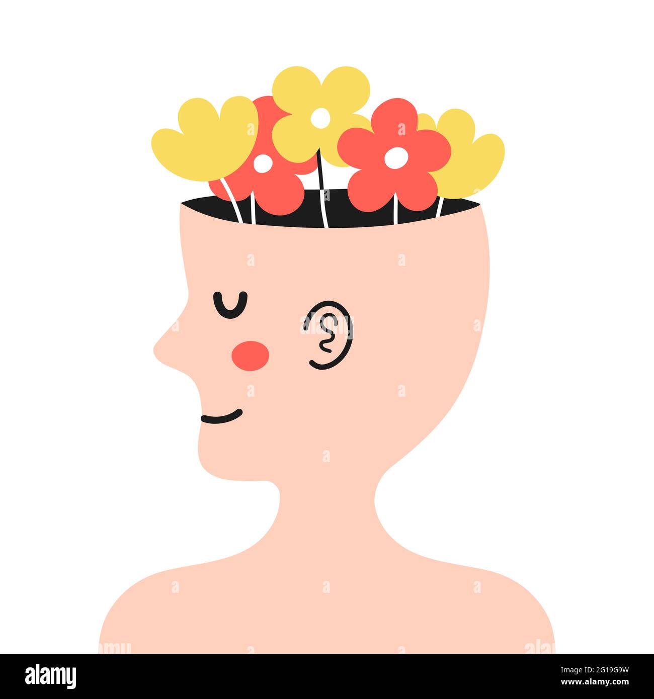 Cute human head in profile with flowers inside. Good mood, mental ...