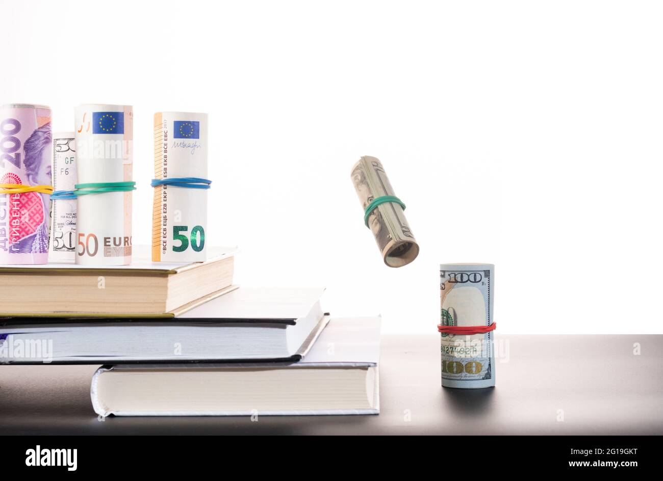 Falling bills of American dollars. The dollar is falling. Isolate of ...