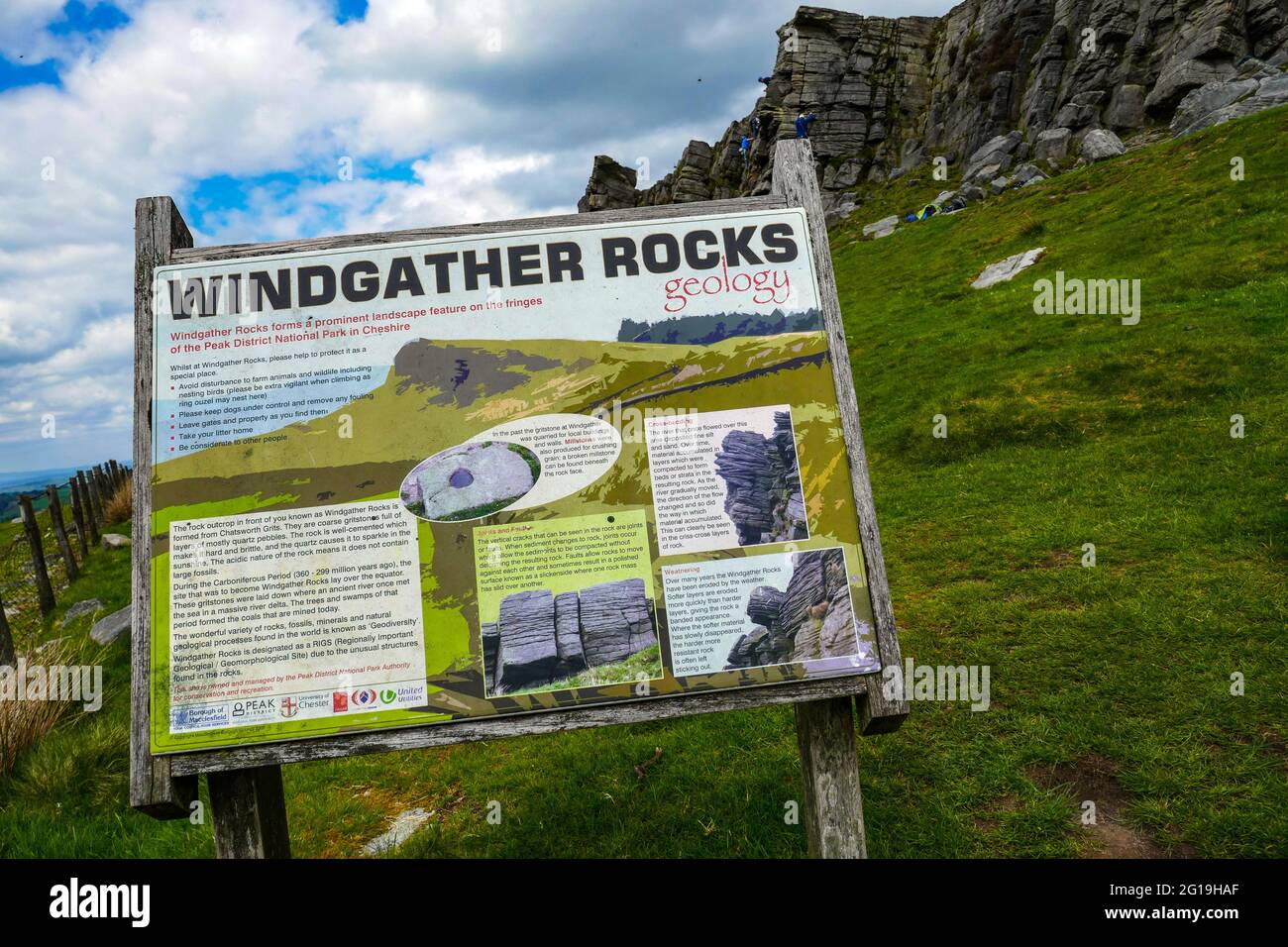 Windgather Rocks, Derbyshire with information sign, climbing ...