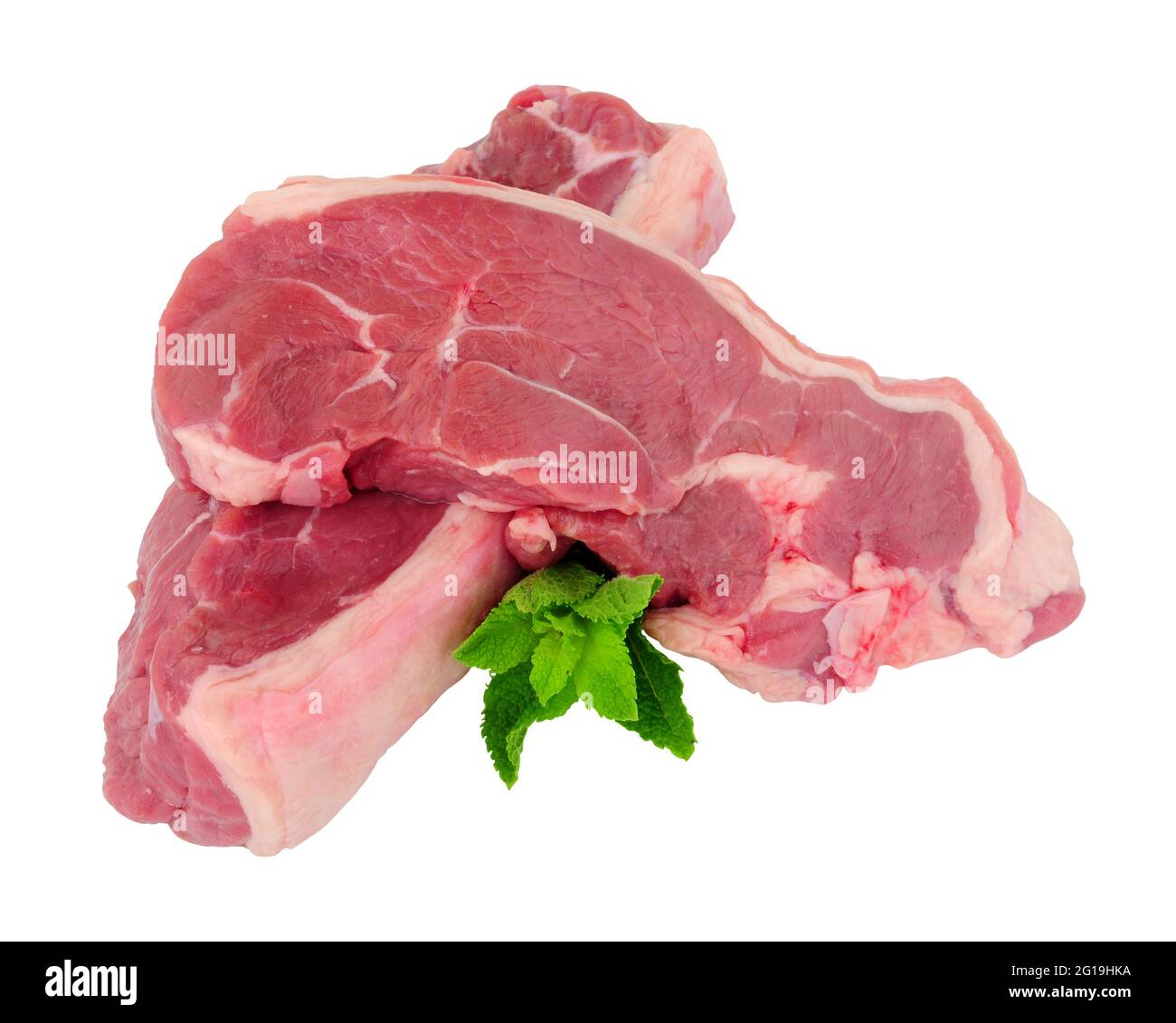 Two fresh raw lamb meat rump steaks isolated on a white background ...