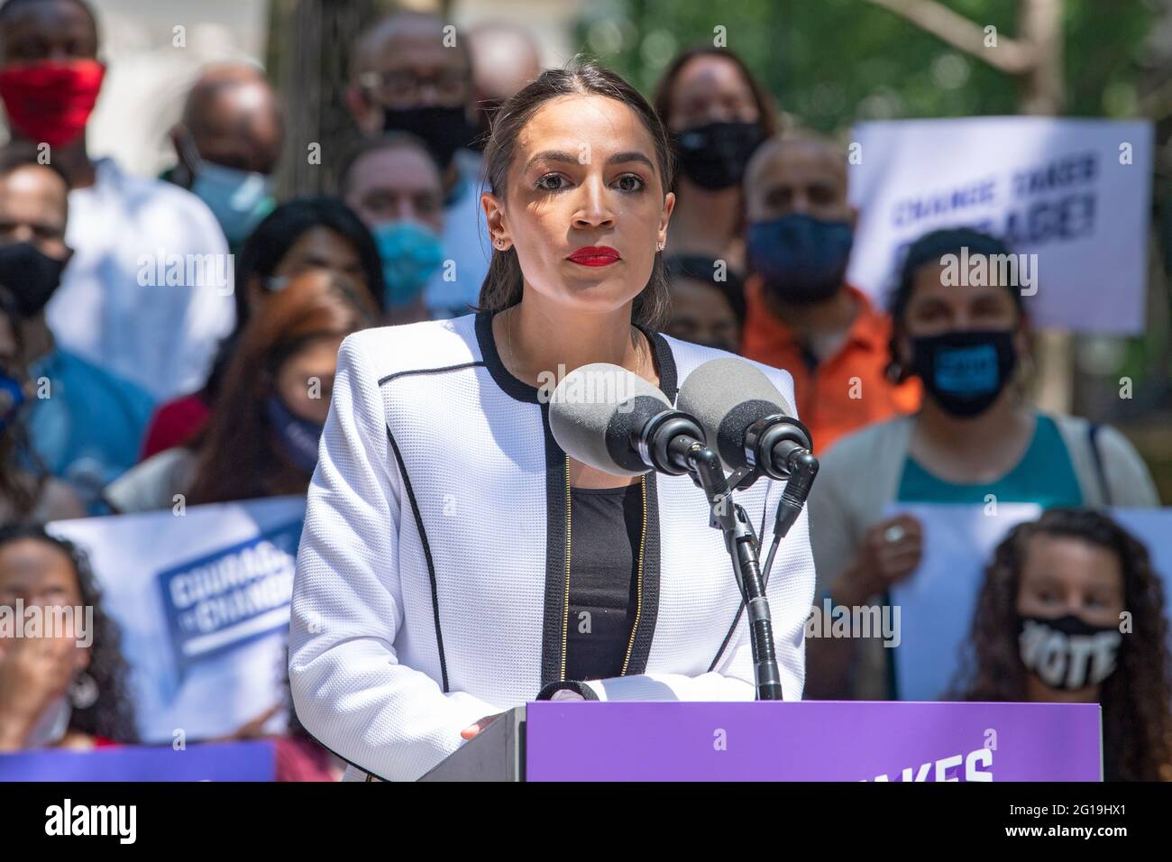 United States Congresswoman Alexandria Ocasio-Cortez speaks at a rally ...