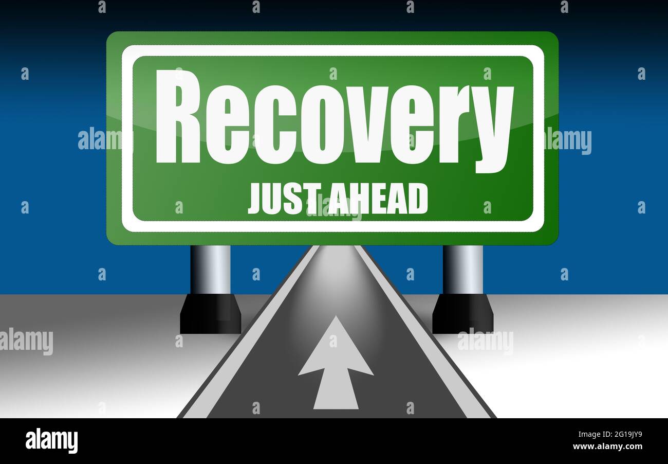 Road sign over the road with recovery word, 3D rendering Stock Photo ...