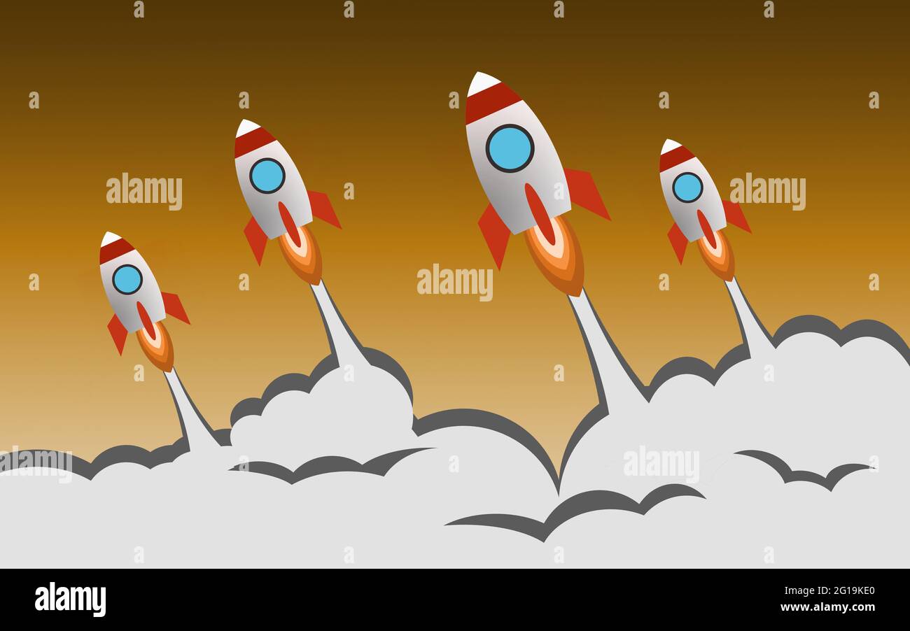 Multiple rockets launch with yellow background, 3D rendering Stock ...