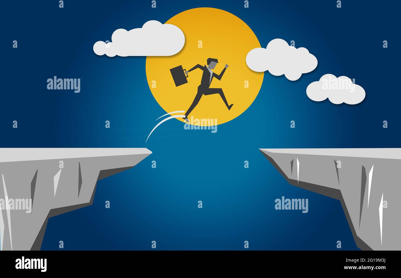 Jumping through mountain cliff to success, 3D rendering Stock Photo - Alamy