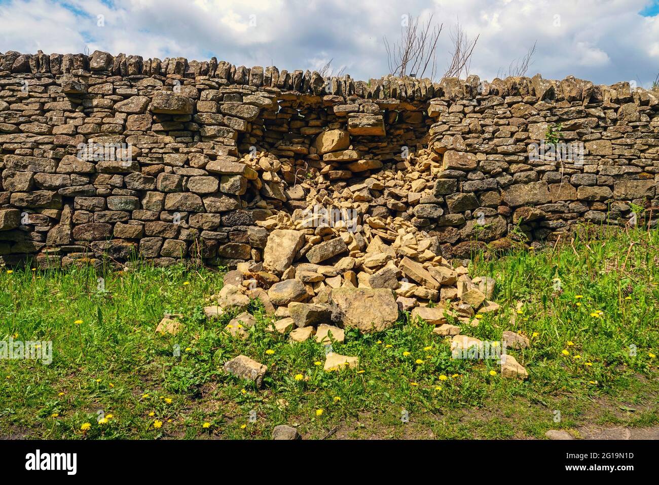 Collapsed drystone wall near Sheffield, Peak District, National Park ...