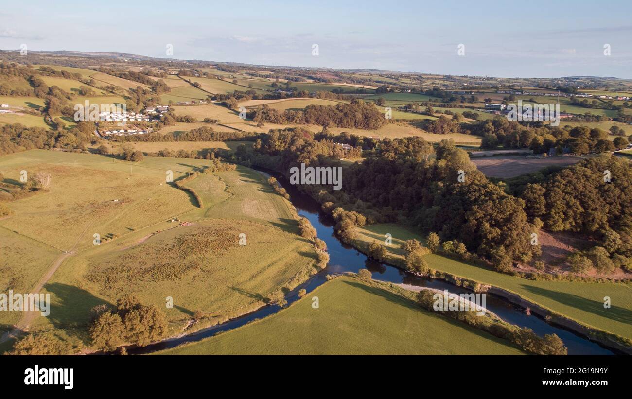 Aerial view of confluence of River Gwili and River Towy ...