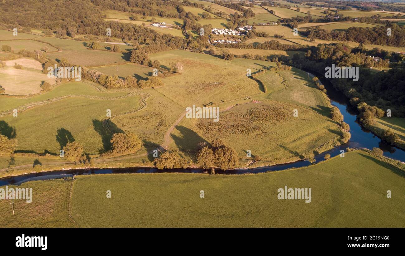 Aerial view of confluence of River Gwili and River Towy ...