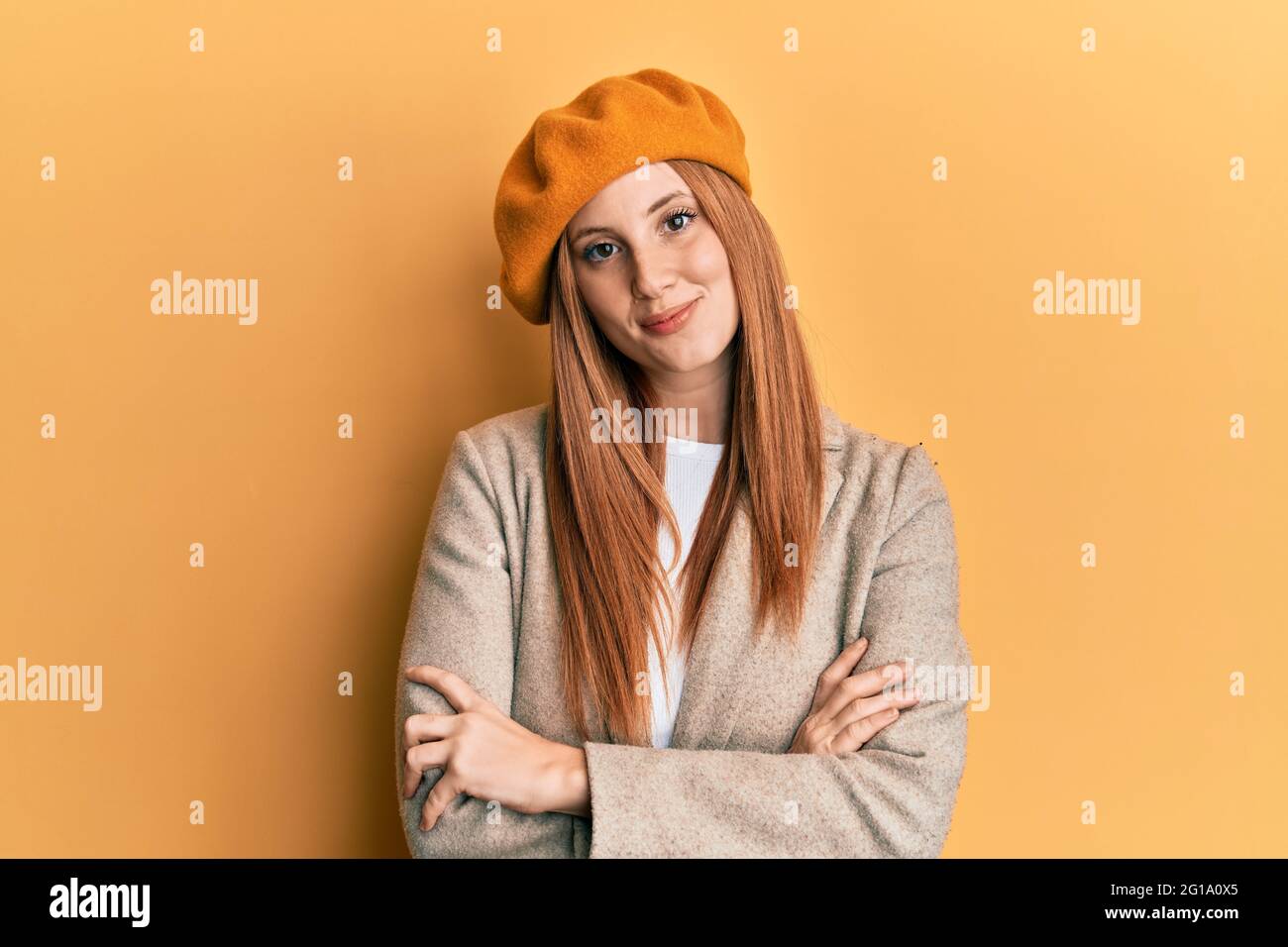 Young irish woman wearing french look with beret happy face smiling ...