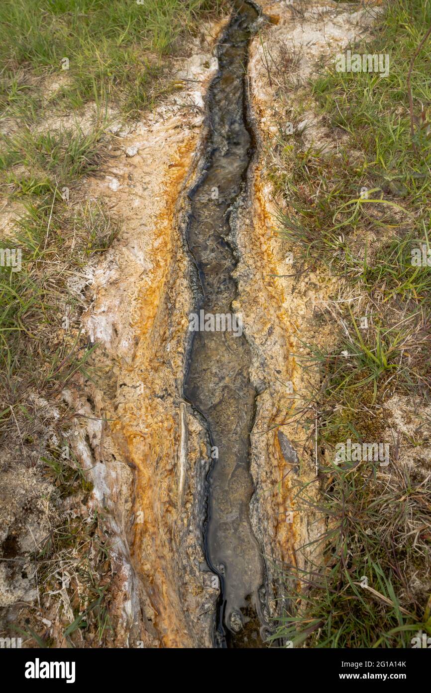 Mineralized water created a travertine stream with sediments Stock ...
