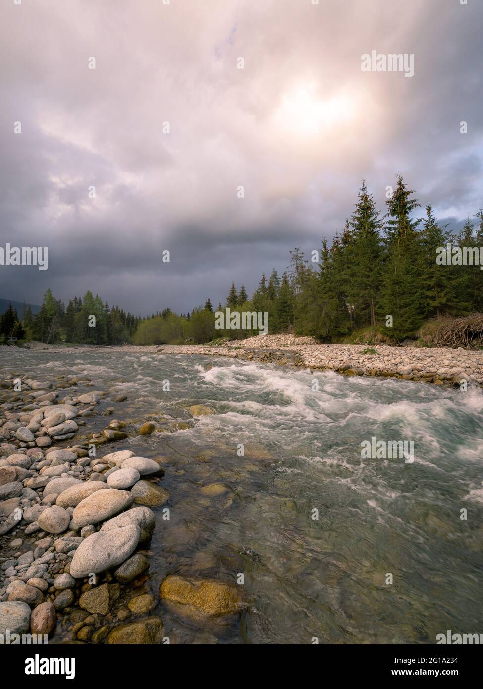 A stormy mountain river flows in a valley with rocks on the banks and a cloudy sky above it ...