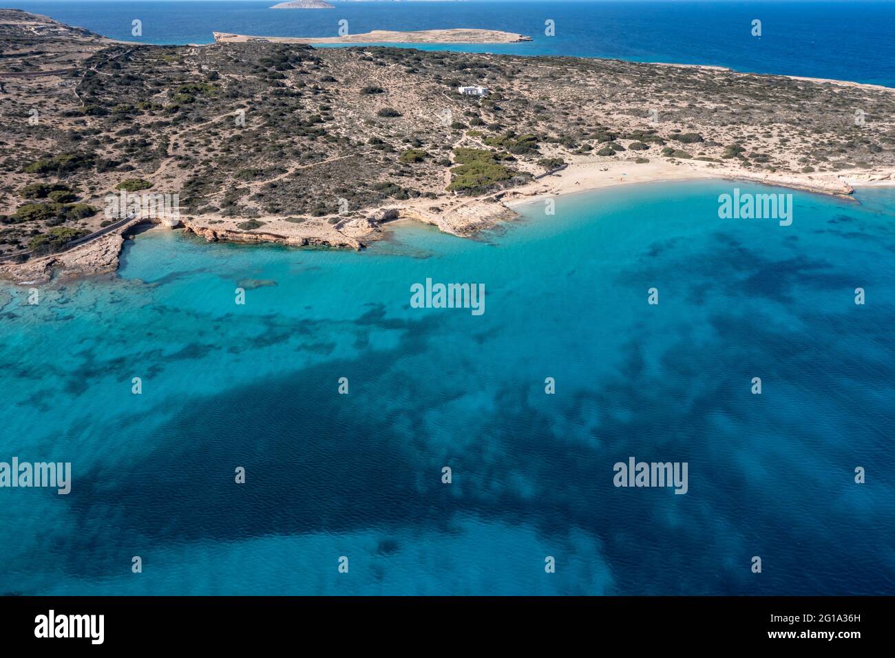 Greece, Koufonisi island, sandy secluded beaches, aerial drone view ...