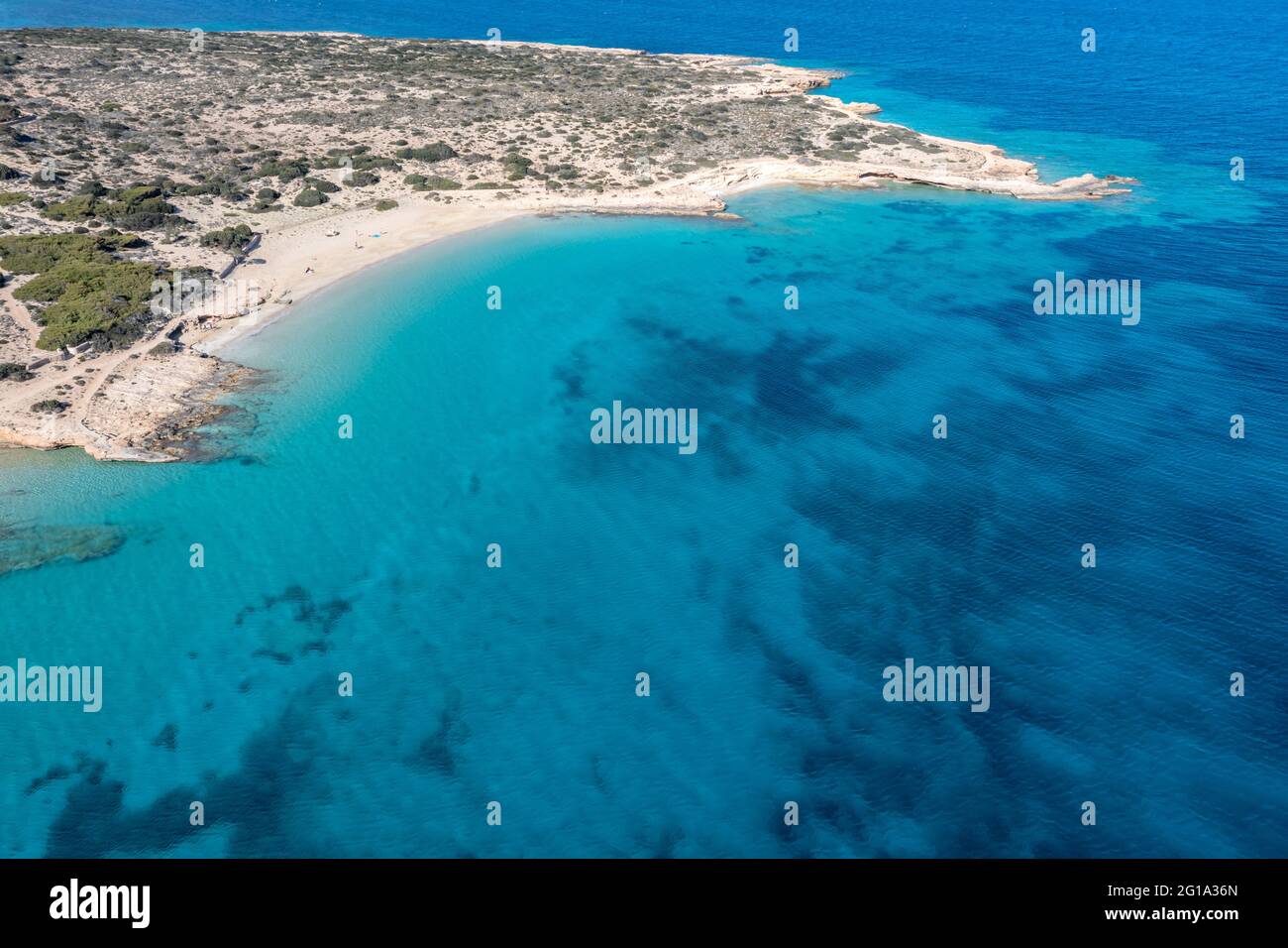 Greece, Koufonisi island, sandy secluded beach, aerial drone view ...