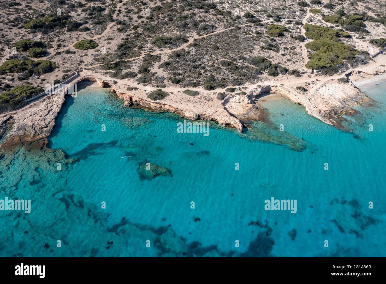 Greece, Koufonisi island, sandy secluded beach, aerial drone view ...