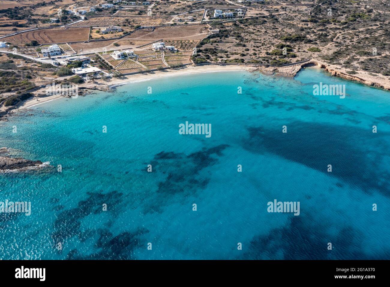 Greece, Koufonisi island, sandy secluded beach, aerial drone view ...