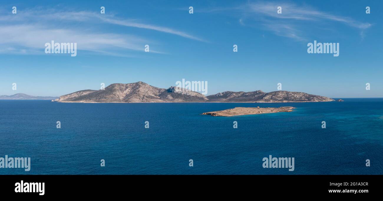 Greece, small Cyclades islands. Aerial drone panoramic view. Keros and ...