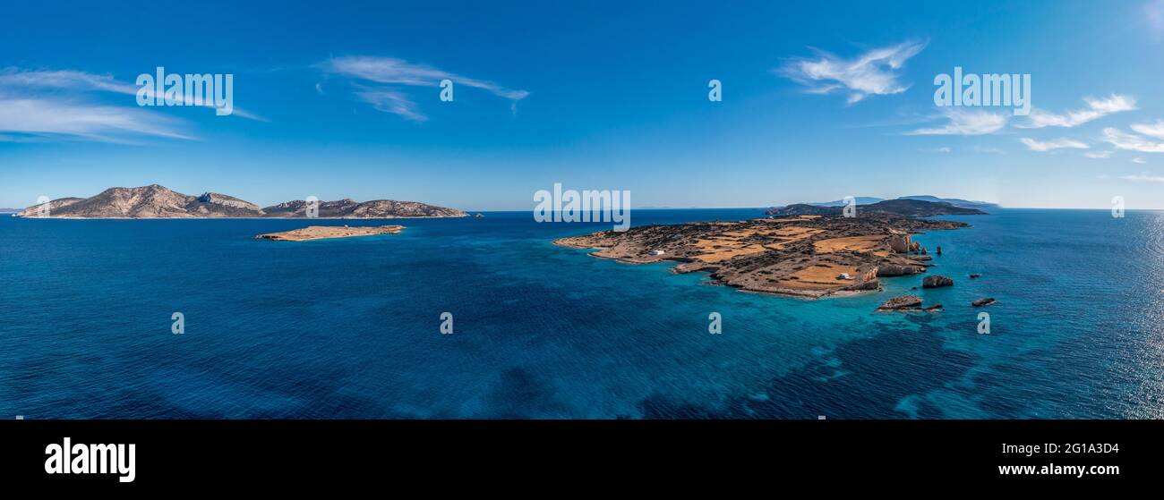 Greece, Koufonisia, small Cyclades islands. Aerial drone panoramic view ...