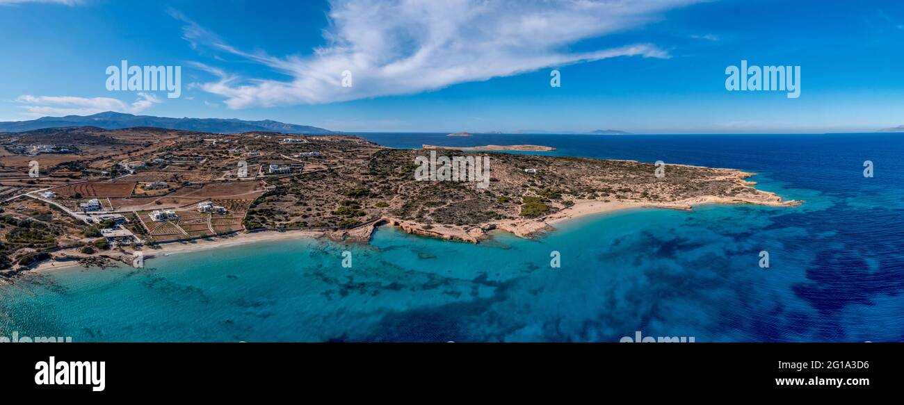 Greece, Koufonisi island, sandy secluded beaches, aerial drone panorama ...