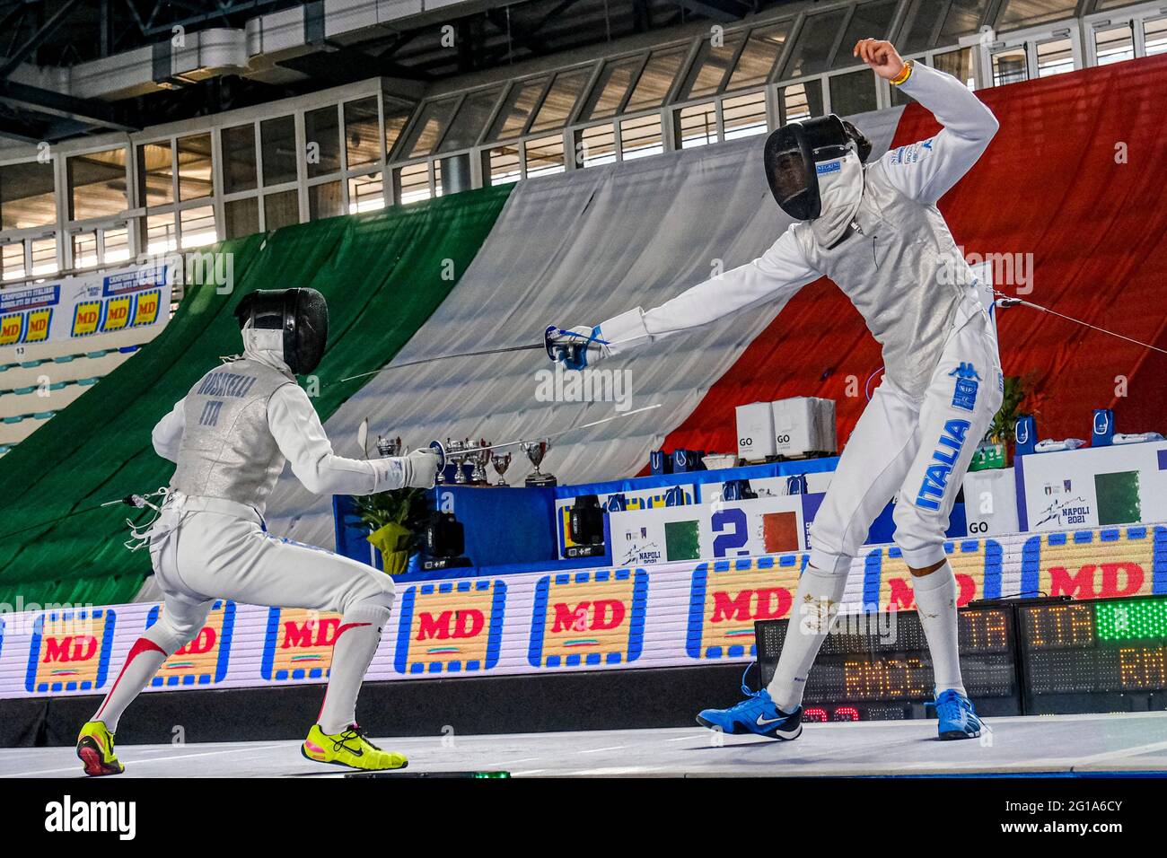 Damiano Rosatelli (L) competes with Tommaso Marini in the men's foil ...