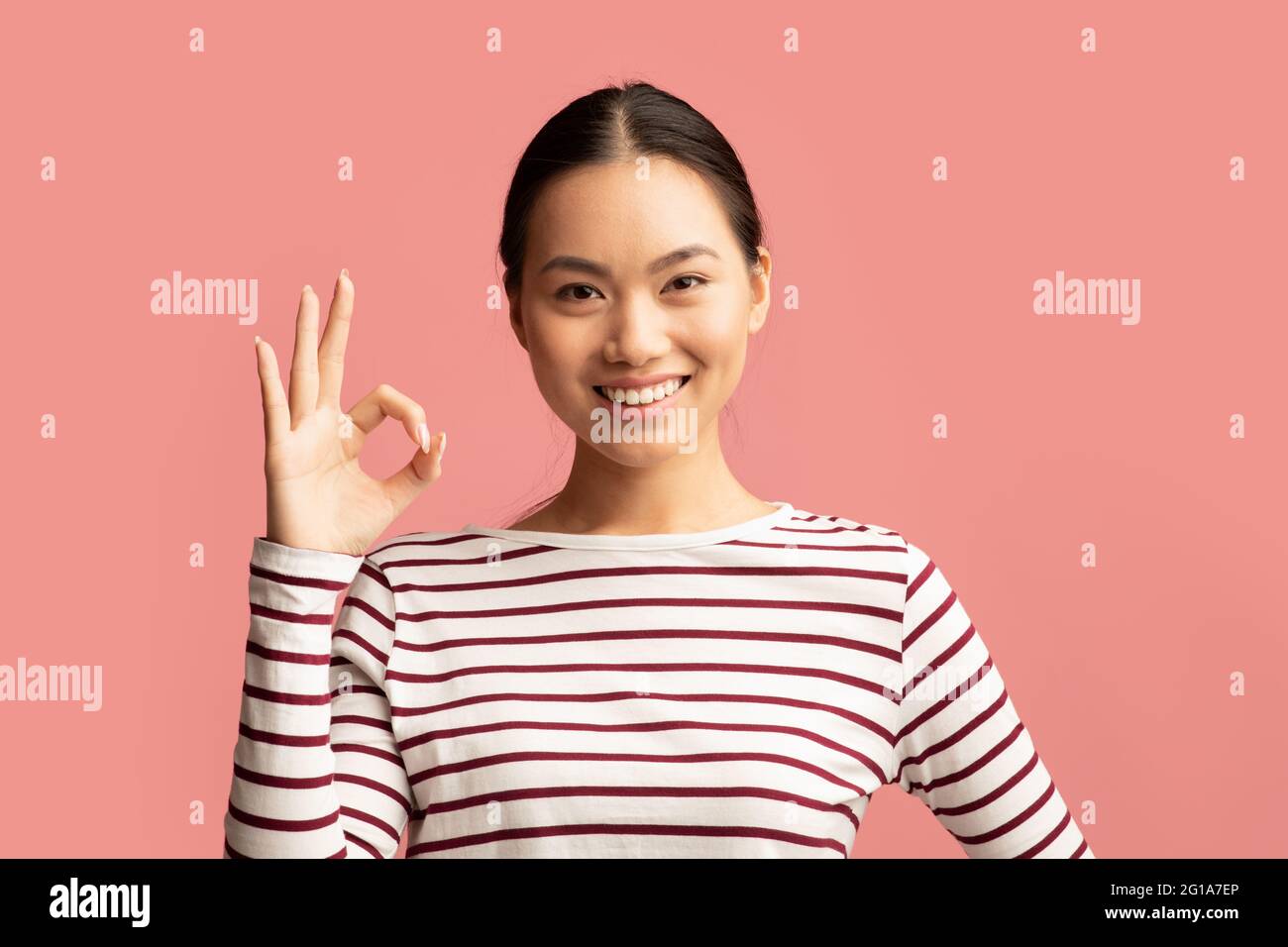 It's Ok. Cheerful Young Asian Lady Showing Okay Gesture At Camera Stock ...