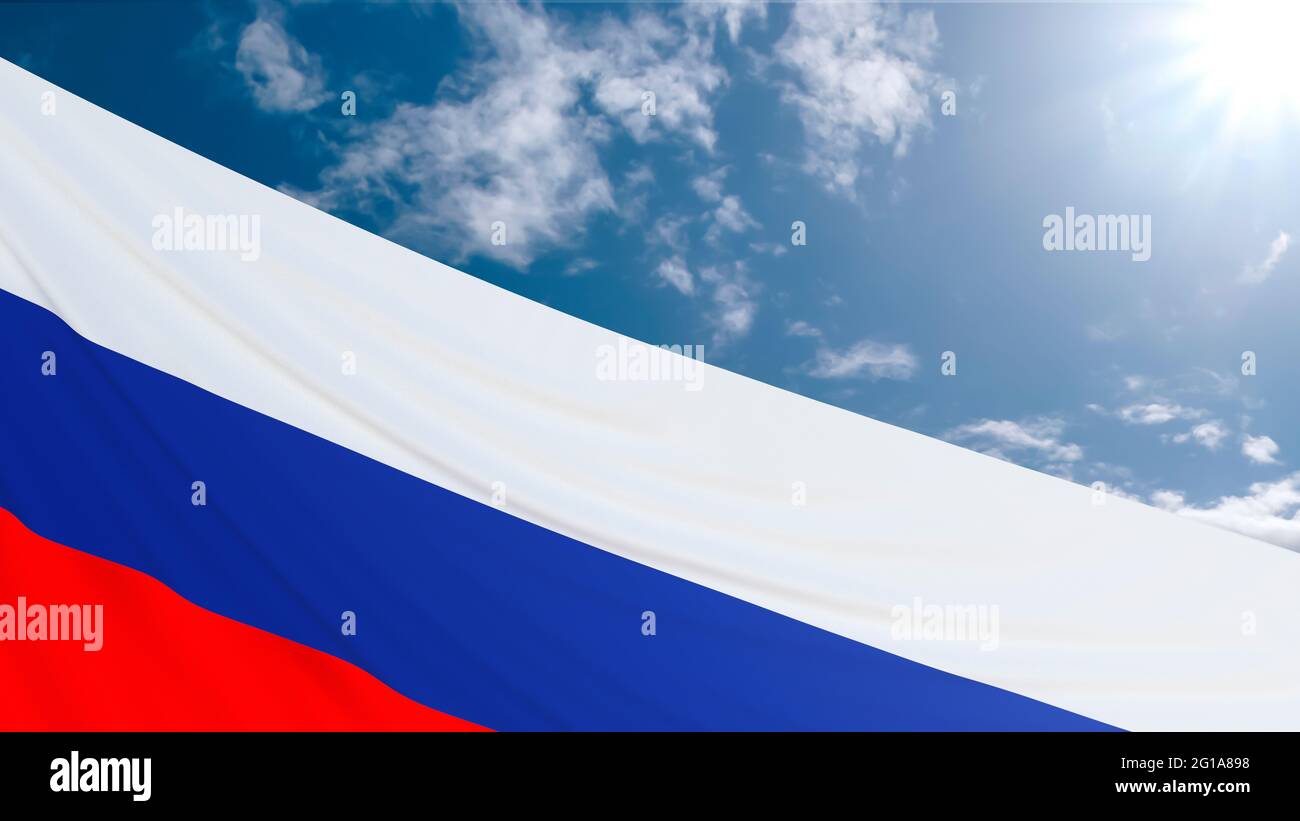 A waving Russian flag with a tricolor on the background of the sun and ...