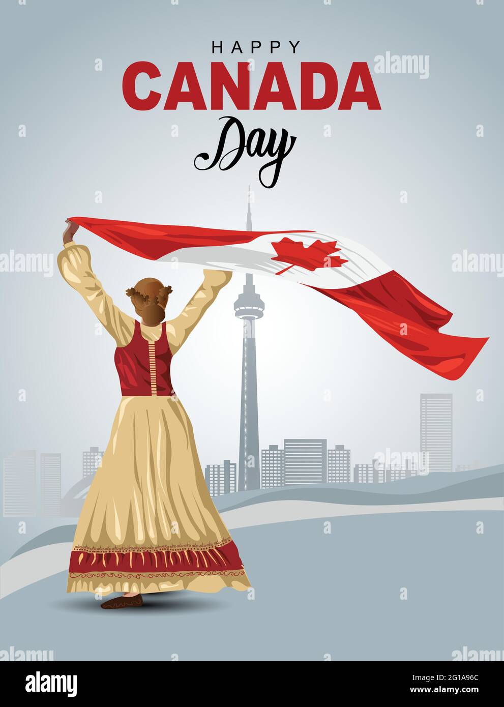 happy Canada day 1st July, girl holding with Canada flag. vector ...