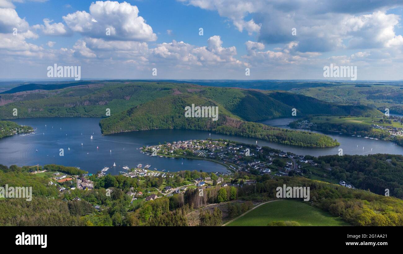 Aerial view of the Rursee in the Eifel region, Germany with Woffelsbach ...