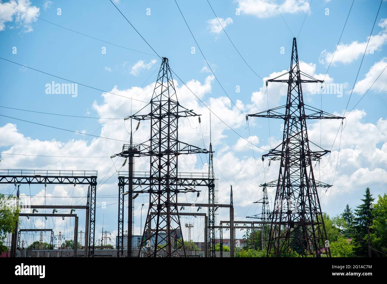 A view of Power lines, electric power transmissions in western Ukraine ...