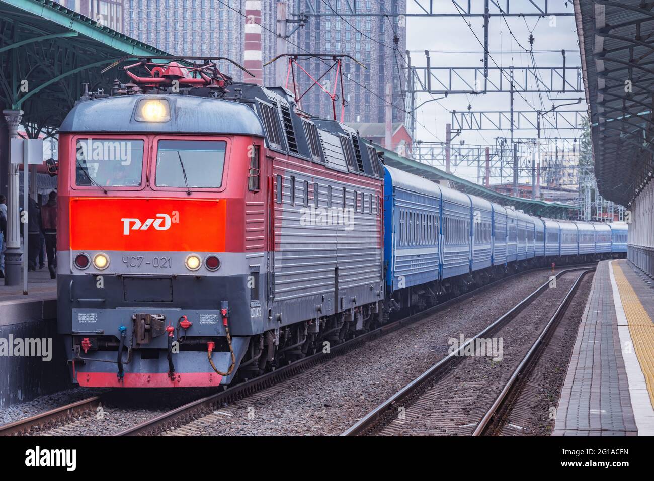 Moscow, Russia - May 30, 2021: Passenger train from Minsk arrives to ...