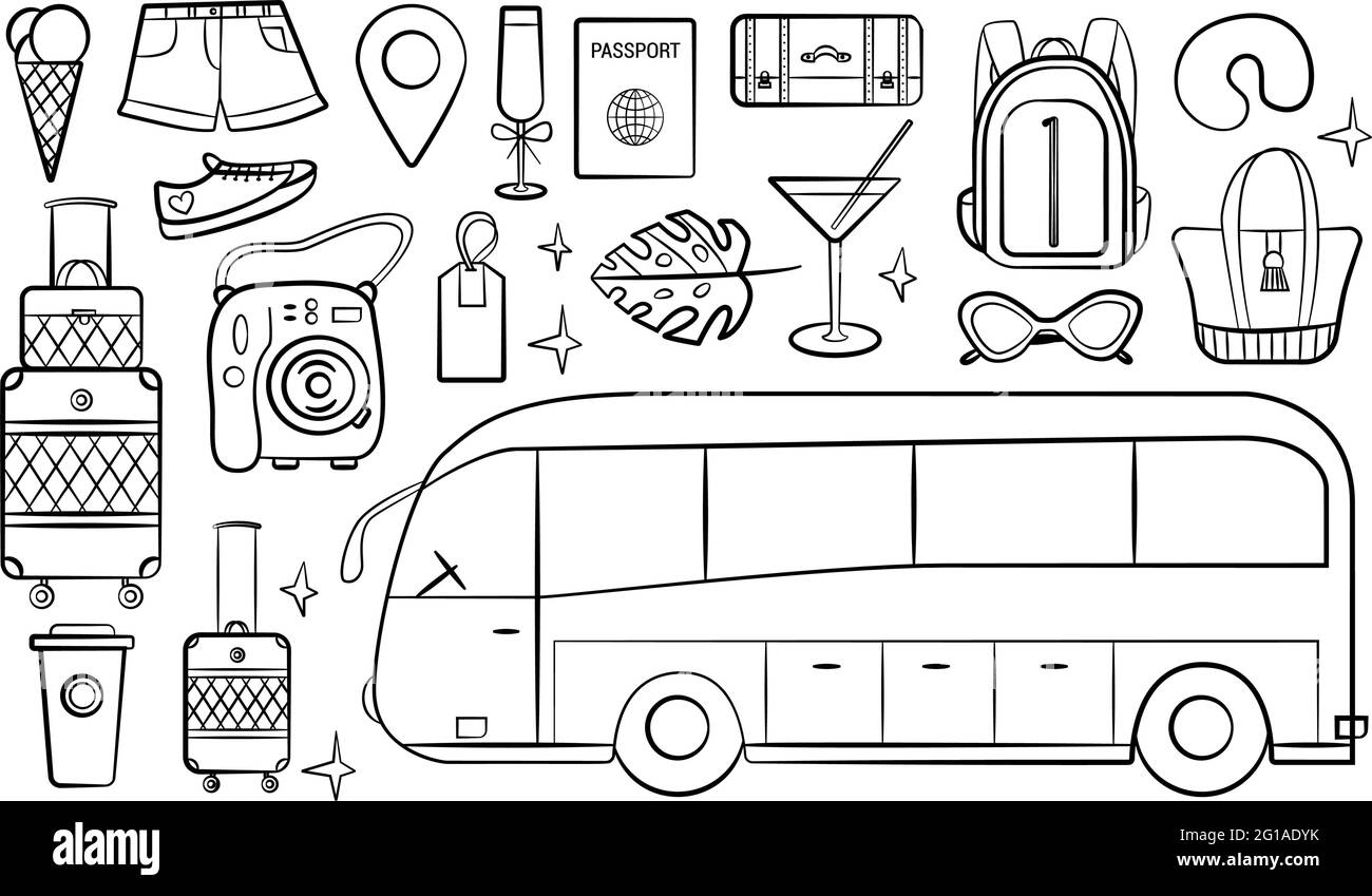Road bus trip. Set of doodle travel design elements. Hand drawn road ...