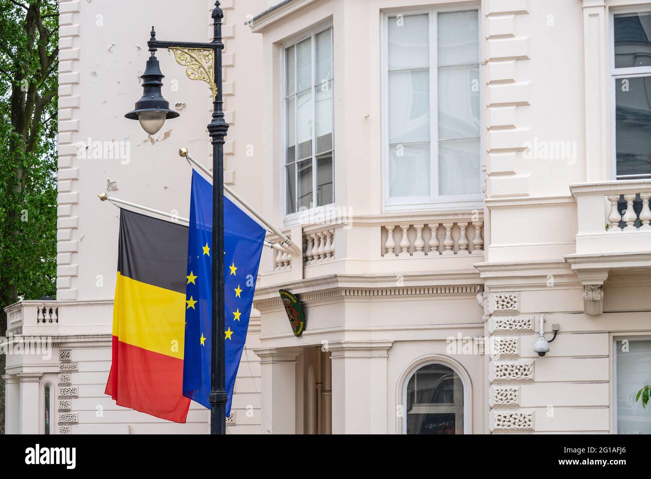 Flag of the European Union and Belgian flags over the Belgian Embassy ...