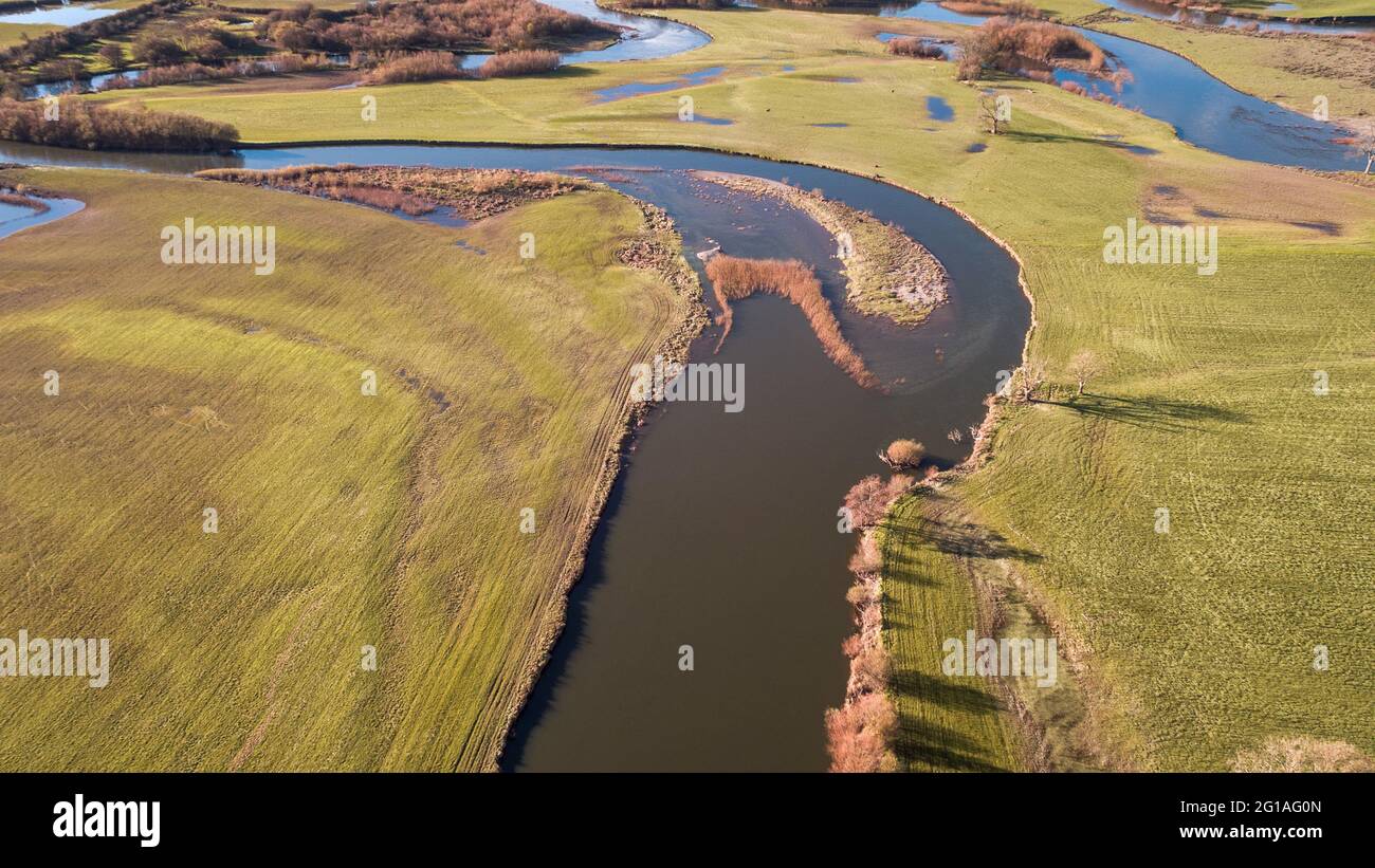 Aerial view of River Towy near Dryslwyn, Carmarthenshire, Wales, UK ...