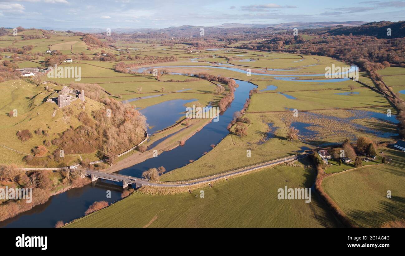 Aerial view of River Towy and Dryslwyn Castle, Carmarthenshire, Wales ...