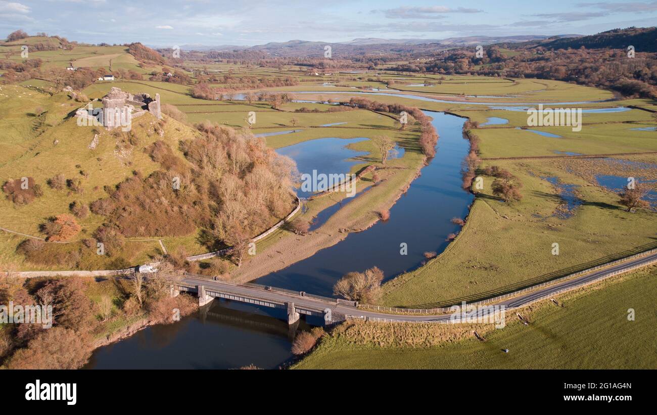 Aerial view of River Towy and Dryslwyn Castle, Carmarthenshire, Wales ...